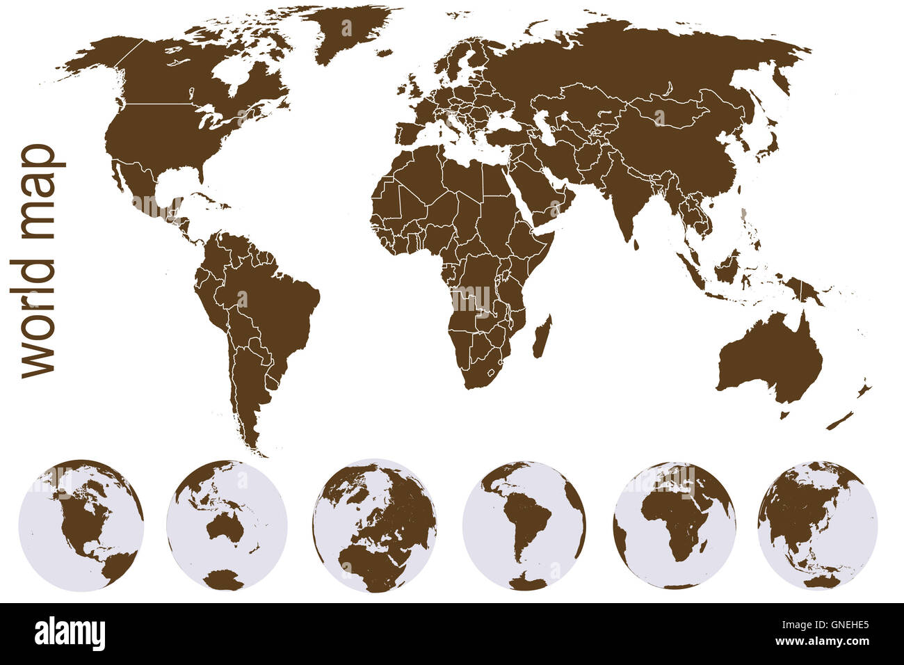 Brown world map with Earth globes Stock Photo - Alamy