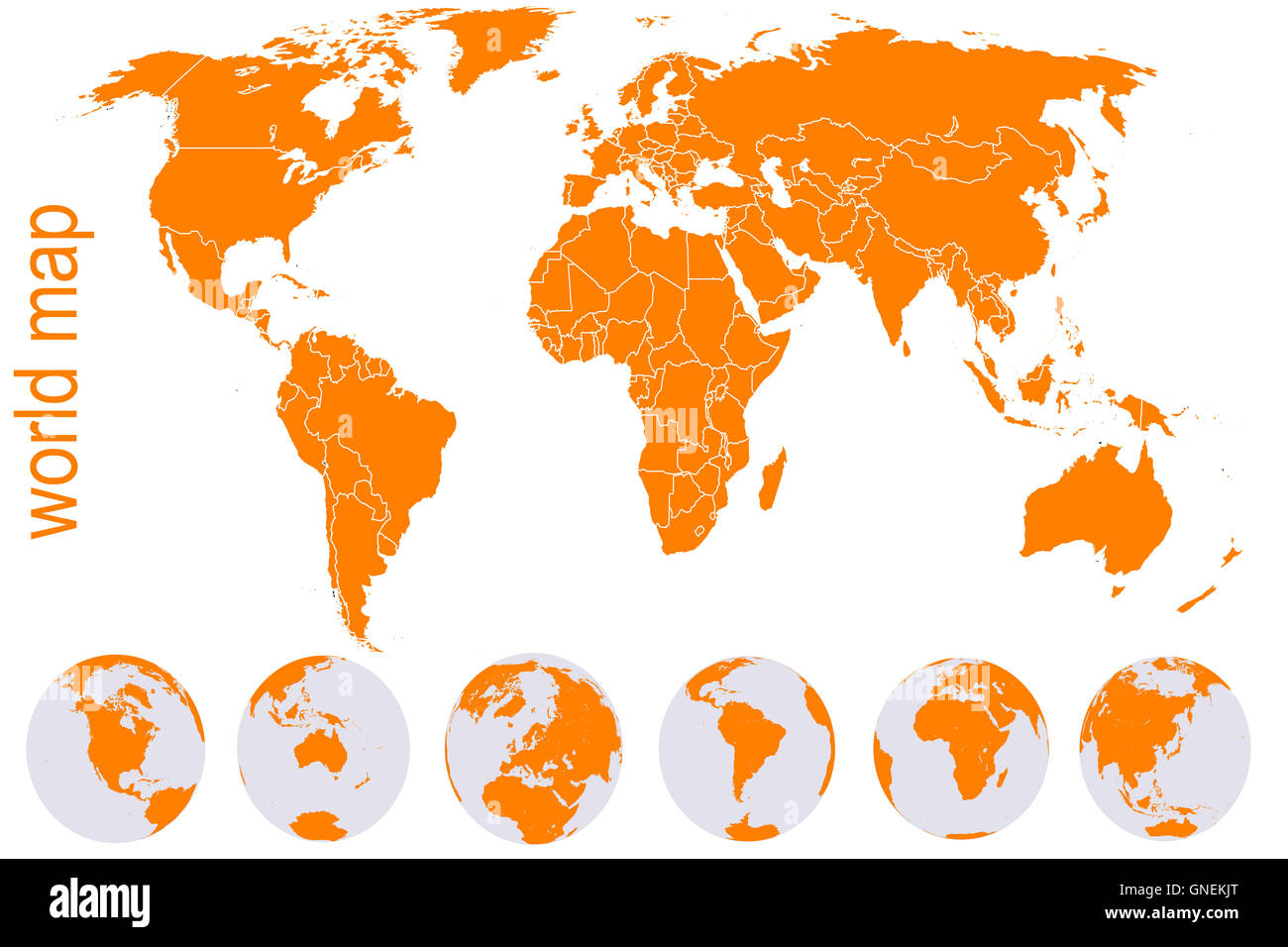 Orange detailed world map with Earth globes Stock Photo - Alamy