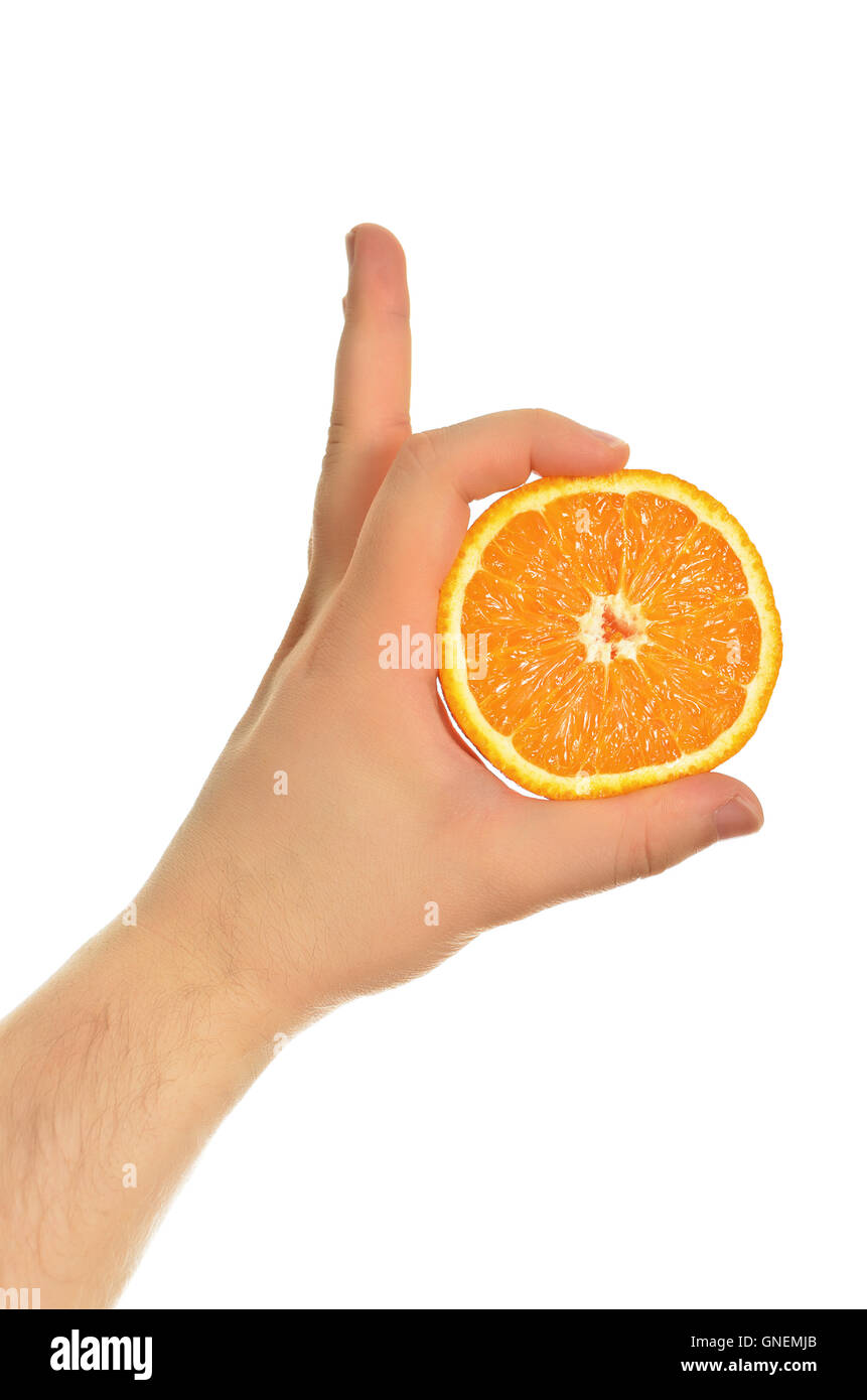 Man's hand shows a gesture OK with orange, isolated on a white Stock ...