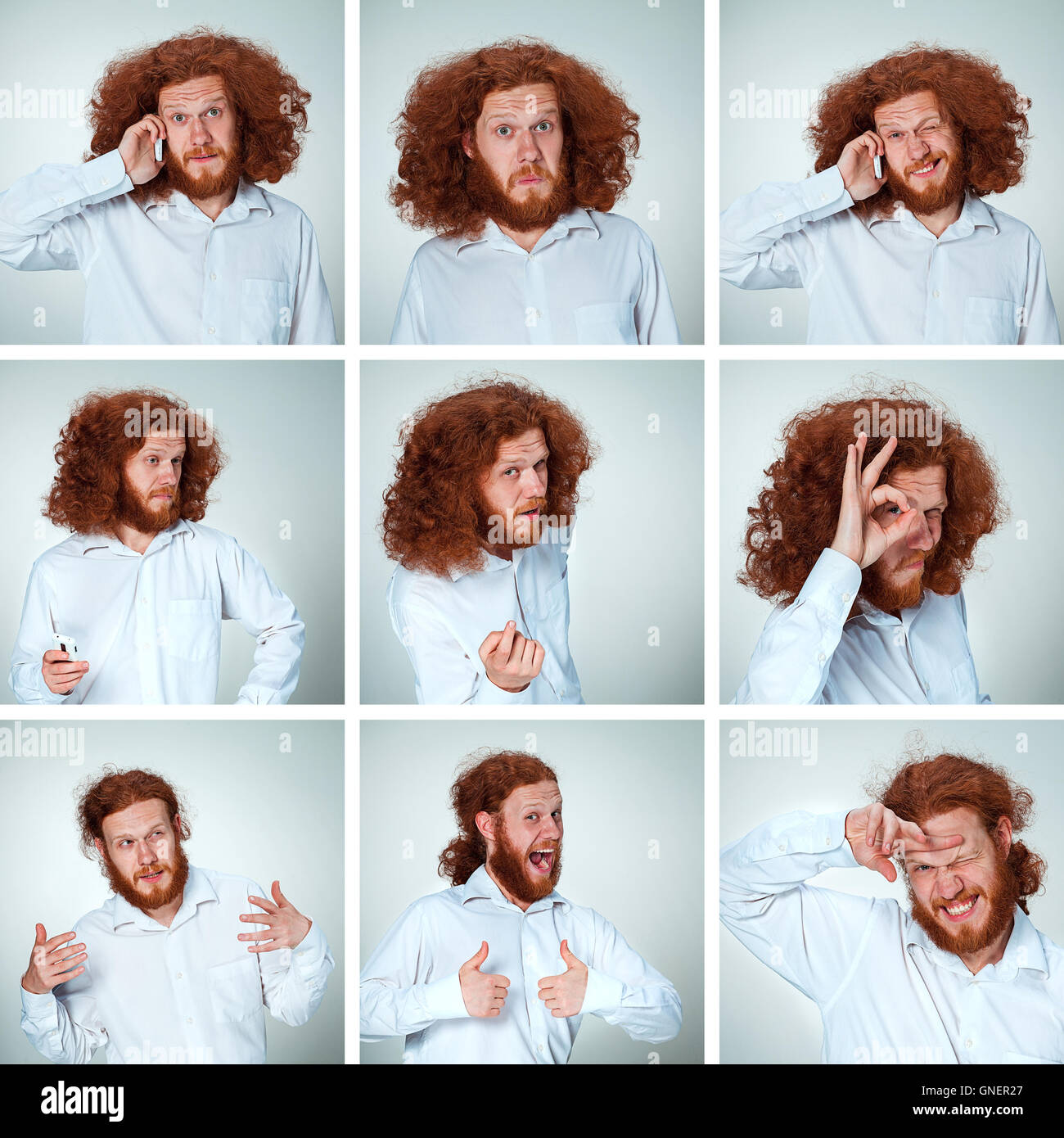 The young man funny face expressions composite on gray background Stock ...