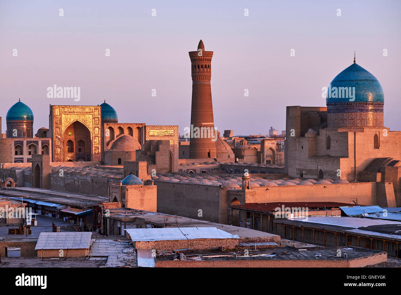 Uzbekistan, Bukhara, Unesco world heritage, Kalon mosque and minaret, Madrasah Mir I Arab Stock ...
