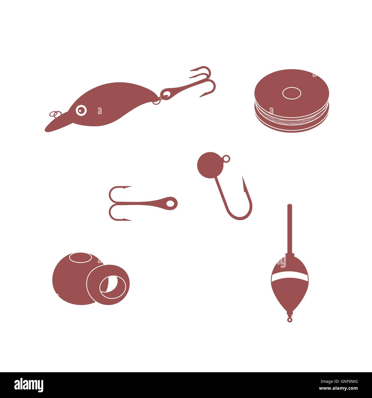 Colorful set of different tools for fishing on a white background Stock ...