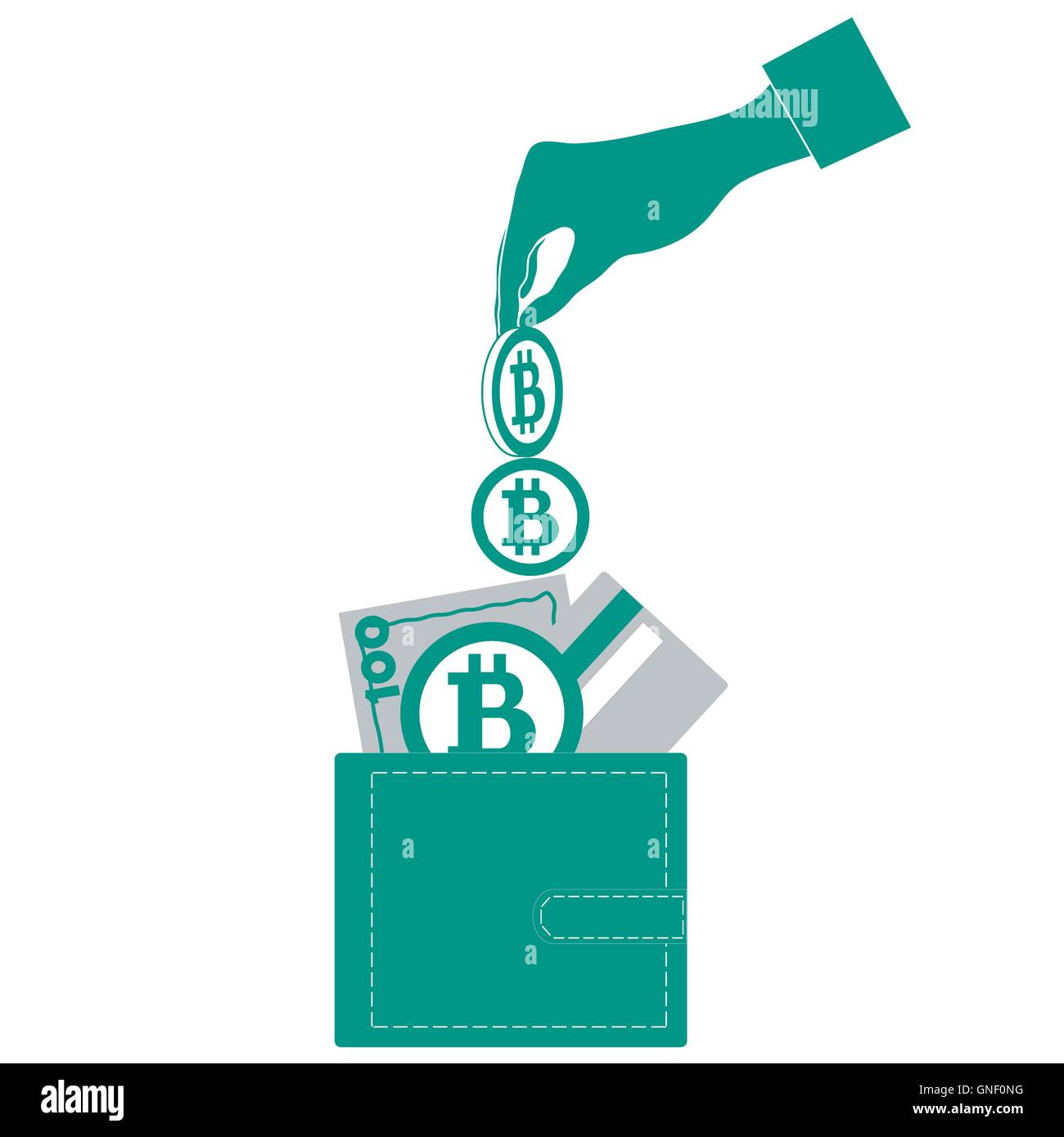 Stylized icon of a colored hand pouring bitcoins into wallet with money ...