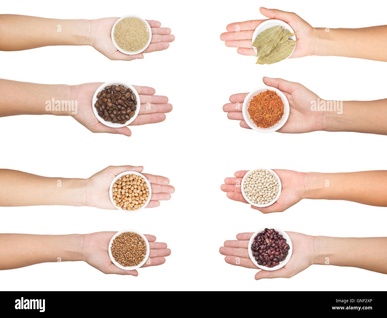 set of hands with food isolated on white background Stock Photo - Alamy