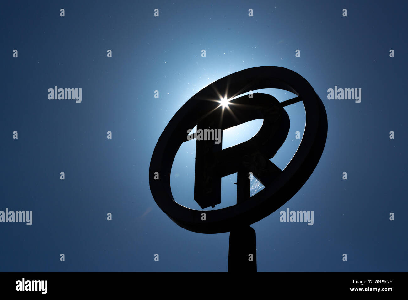 Hamburg, Germany. 30th Aug, 2016. A damaged rest stop logo on a pole ...