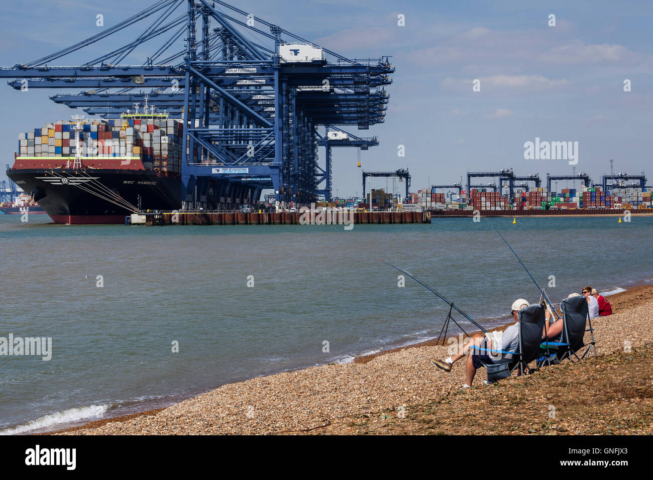 People on Beach Adjacent to Container Port with Ship Unloading in ...