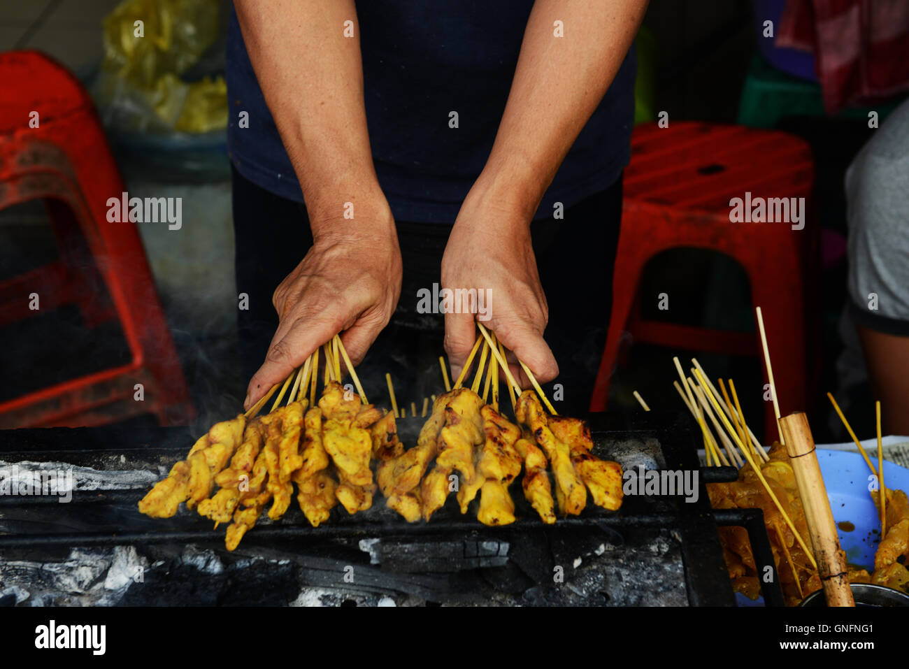 Grilling Chicken Satay Stock Photo - Alamy