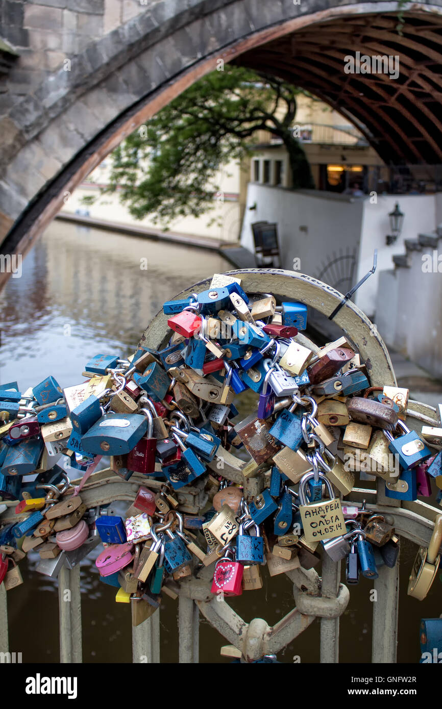 Romantic place on a small bridge in the old city of Prague, used by ...