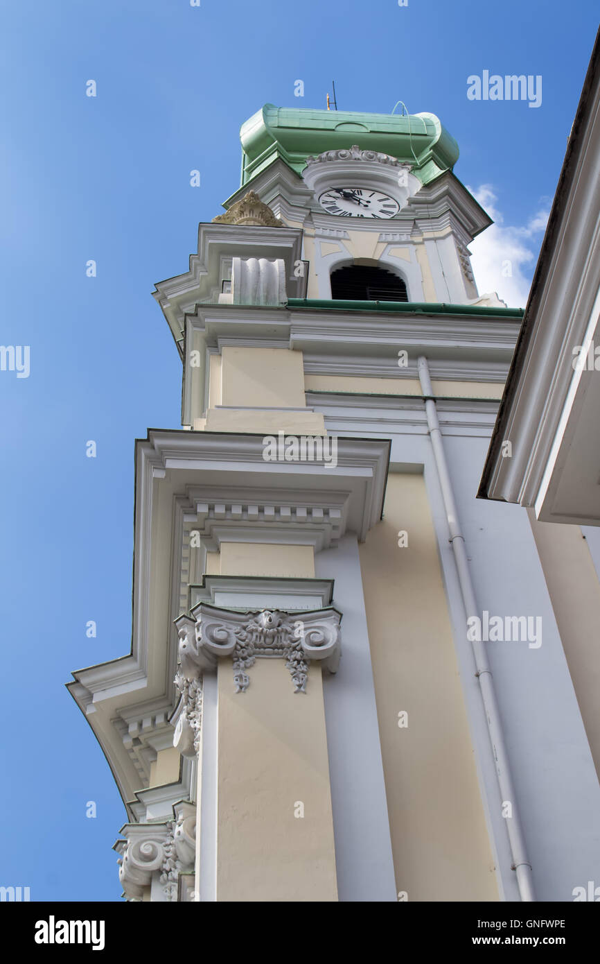View on the facade of St. Elizabeth church. Baroque details, tower with ...