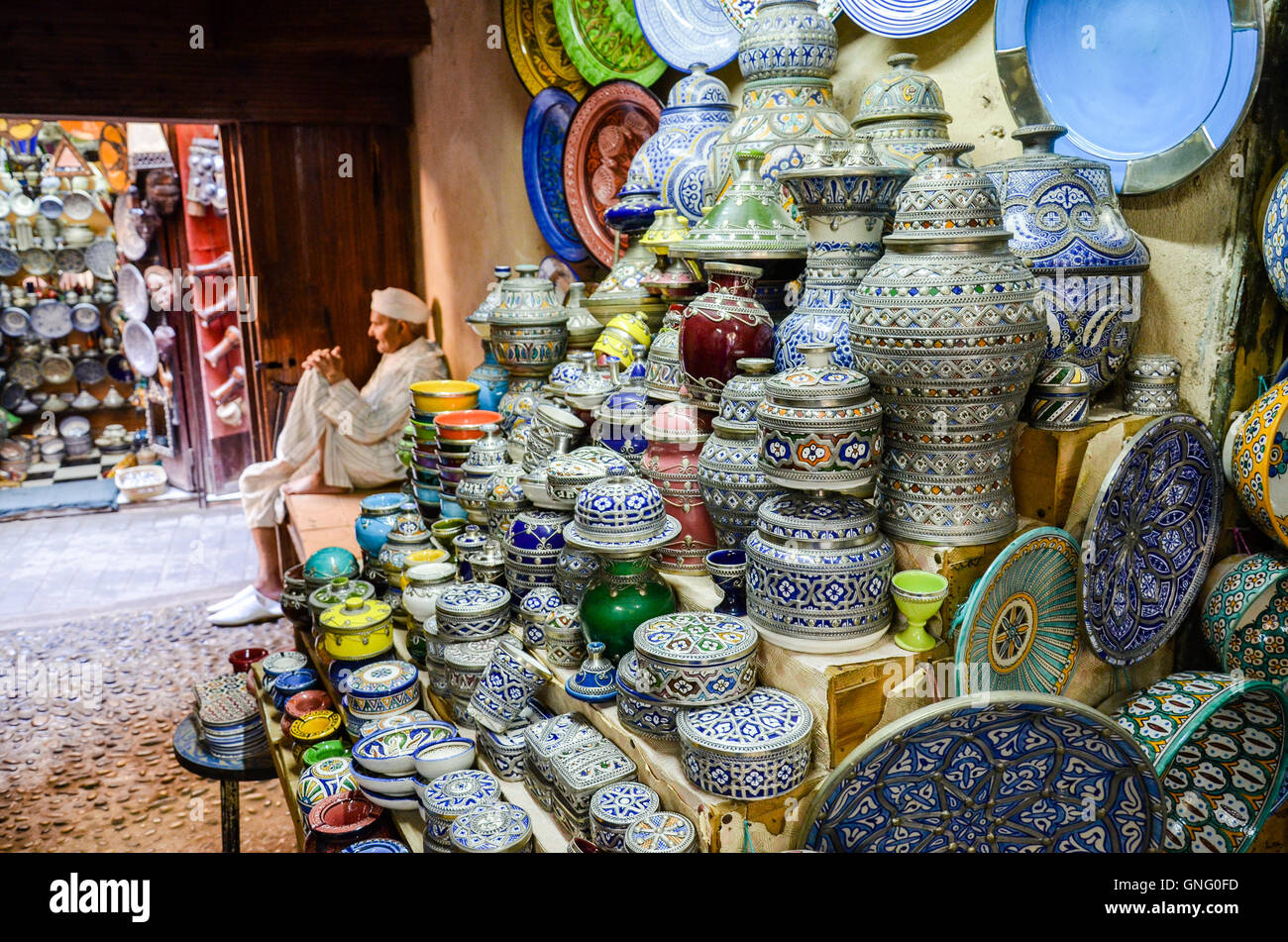 Ceramics displayed for sale in medina of Fez, Morocco Stock Photo - Alamy