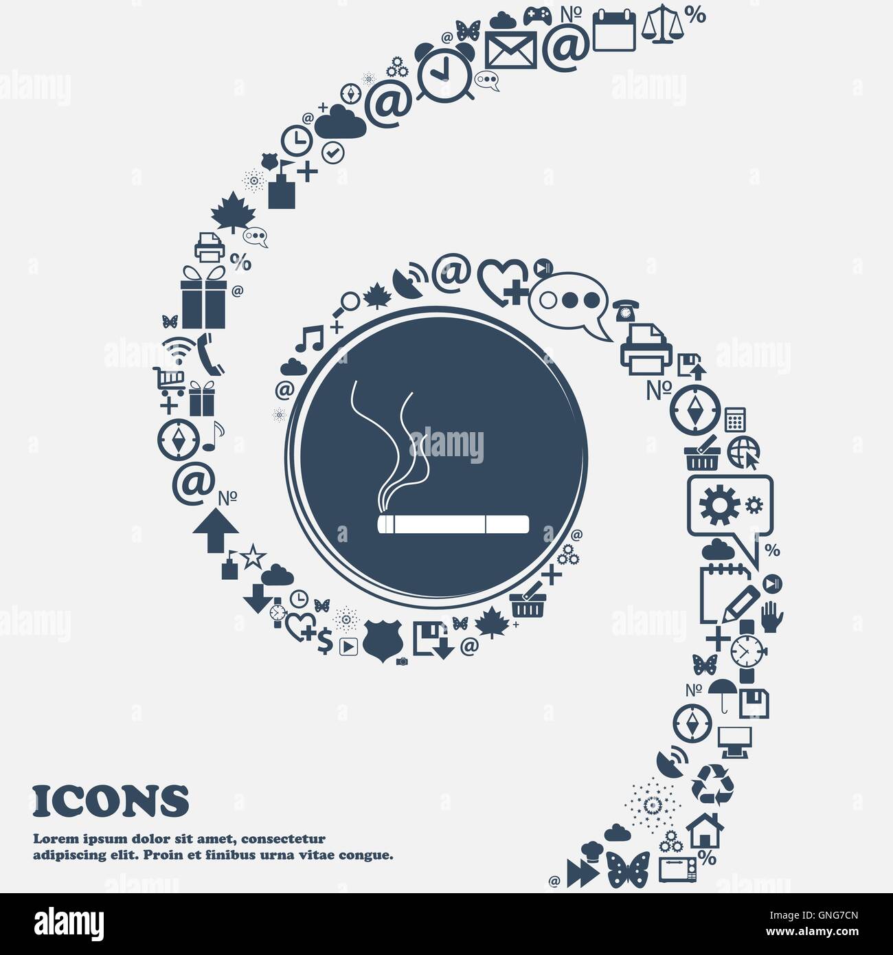 Smoking sign icon. Cigarette symbol in the center. Around the many ...