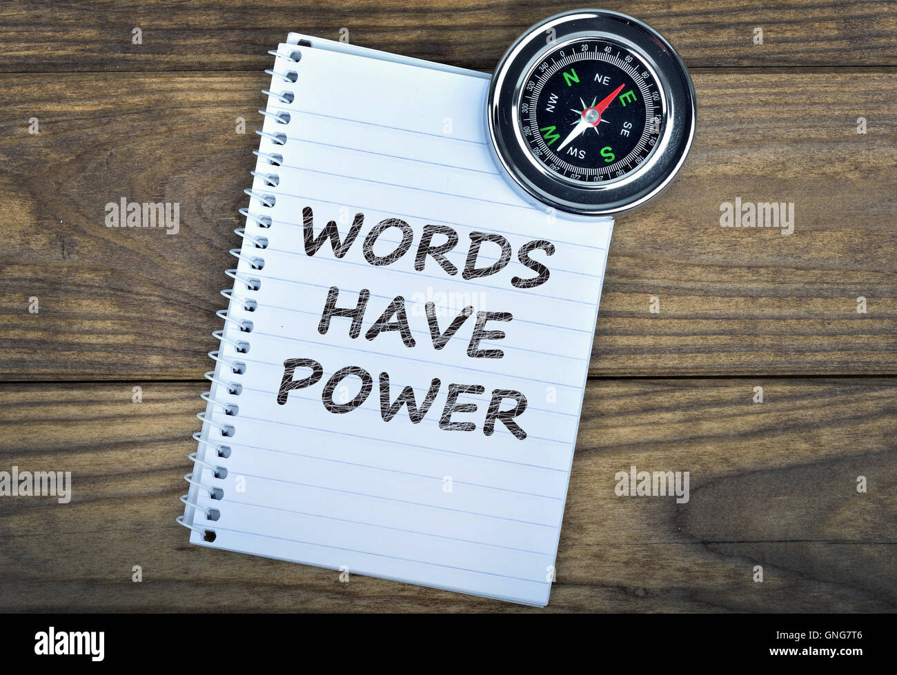 Words have power text and metallic compass on wooden table Stock Photo ...