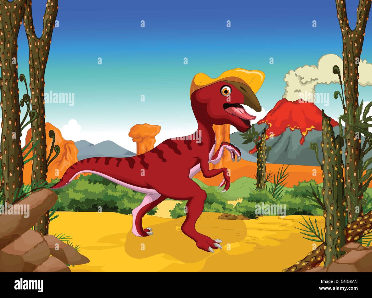 funny dinosaur Parasaurolophus cartoon with volcano landscape ...