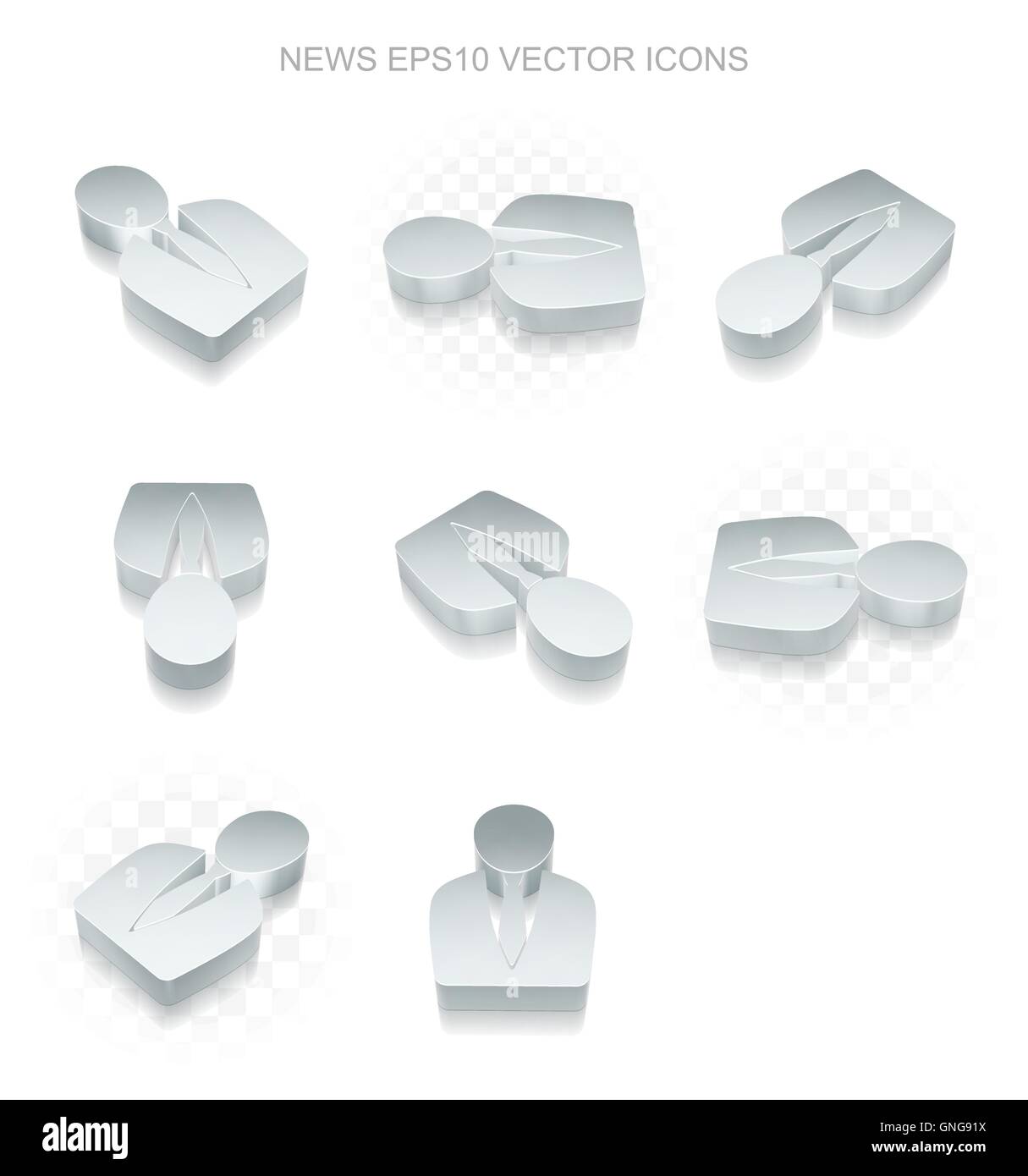 News icons set: different views of metallic Business Man, transparent ...