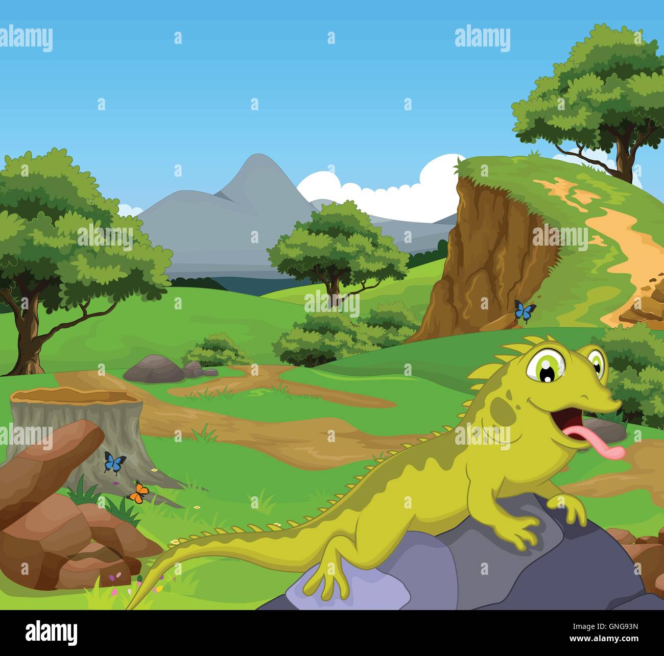 funny chameleon cartoon in the jungle with landscape background Stock ...