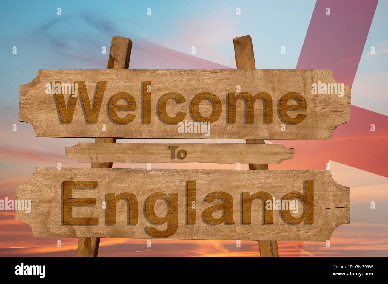 Welcome to England sing on wood background with blending national flag ...
