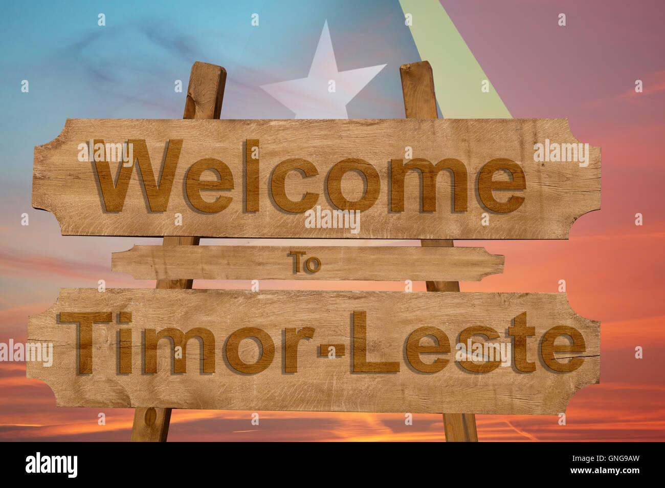 Welcome to Timor Leste sing on wood background with blending national ...