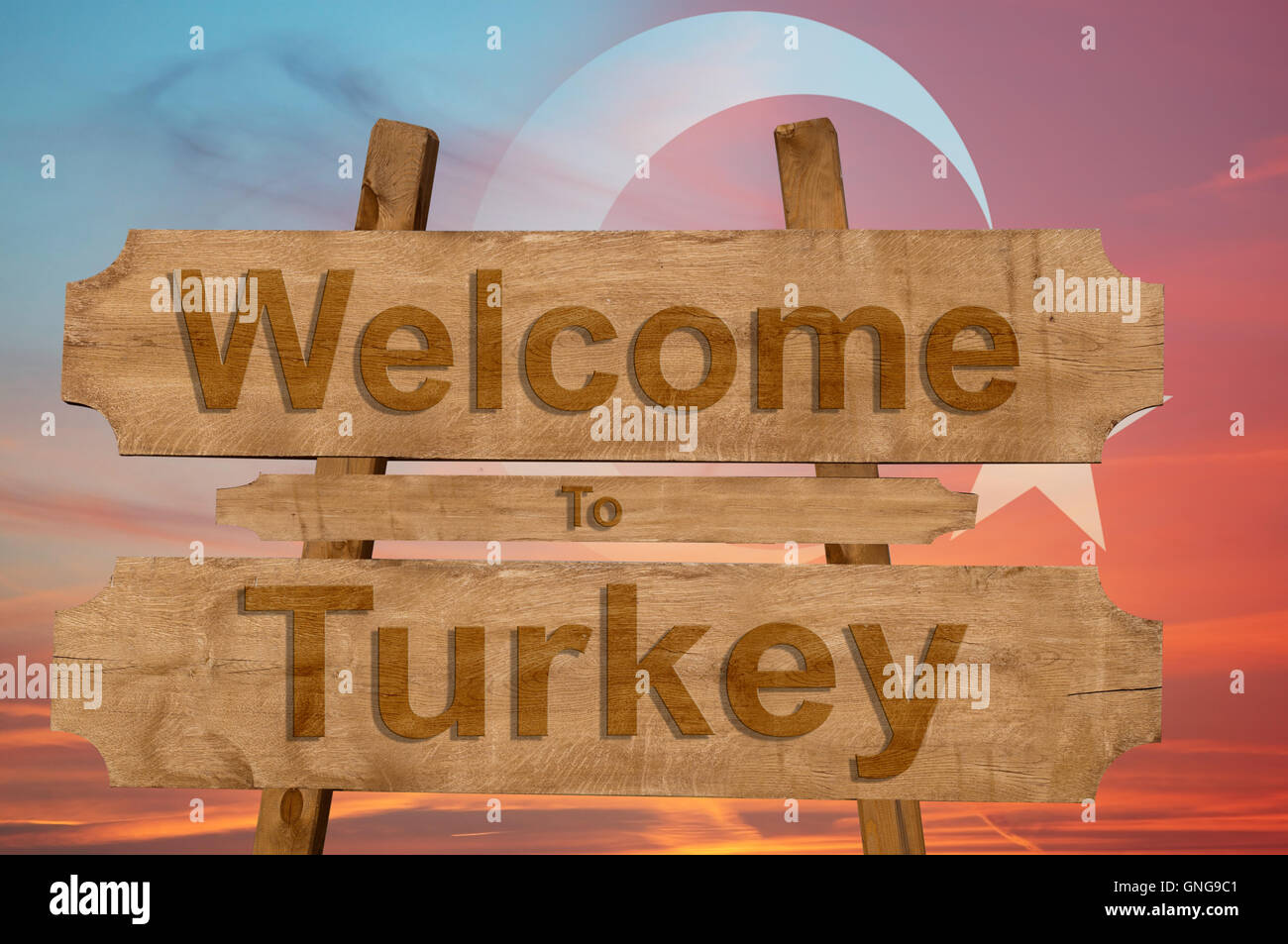 Welcome to Turkey sing on wood background with blending national flag ...