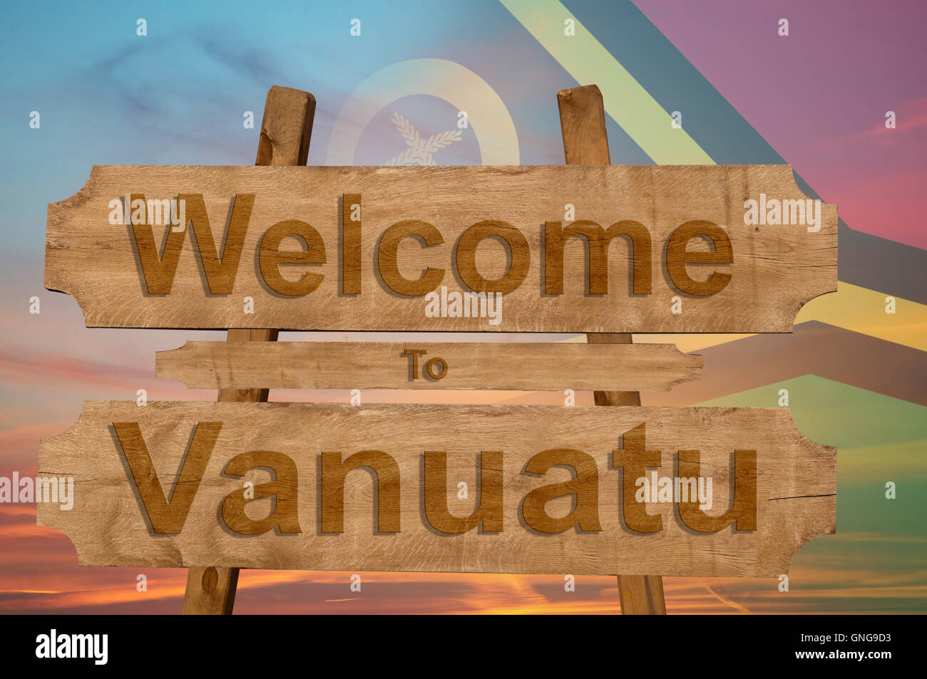 Welcome to Vanuatu sing on wood background with blending national flag ...