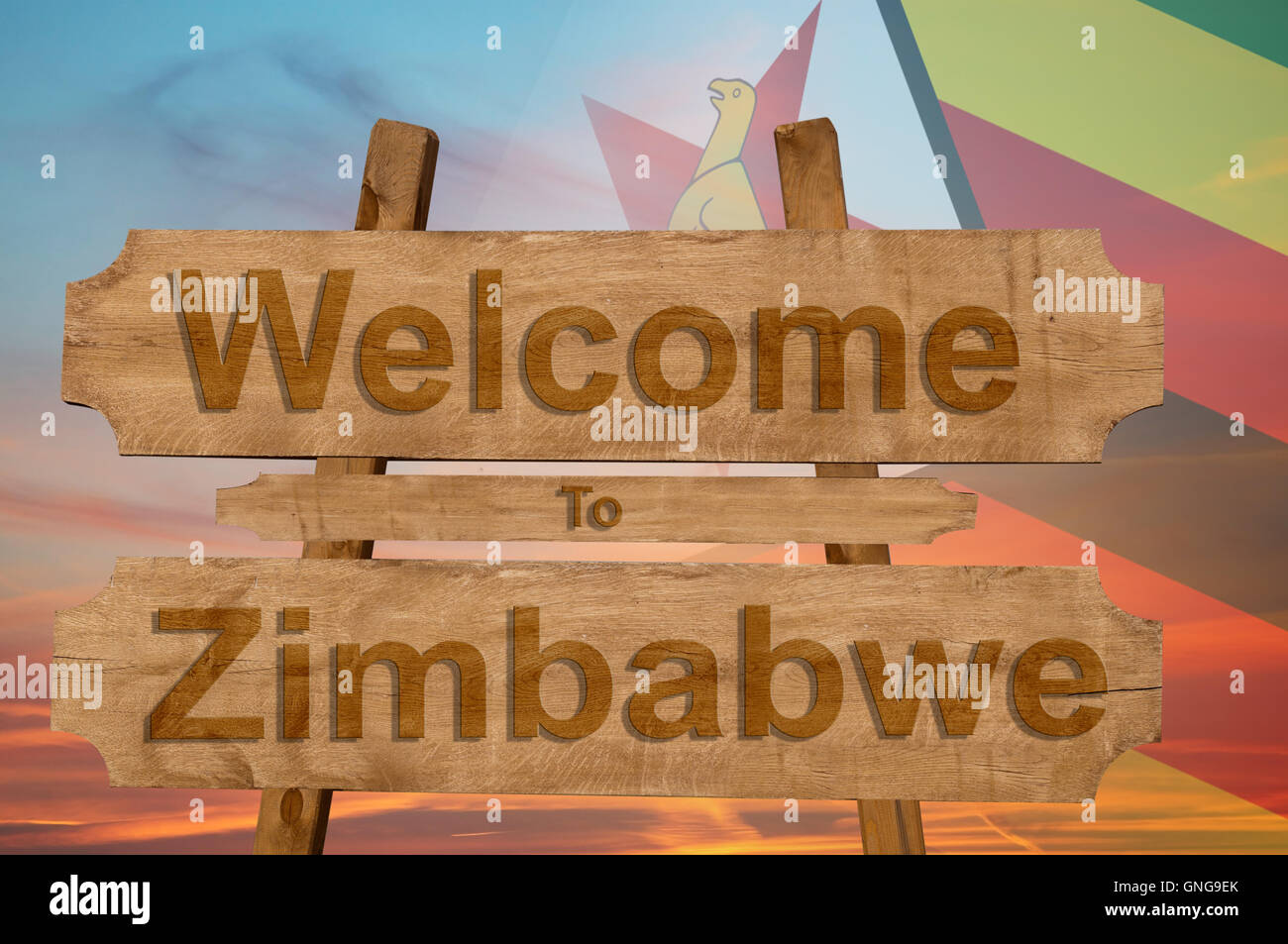 Welcome to Zimbabwe sing on wood background with blending national flag ...