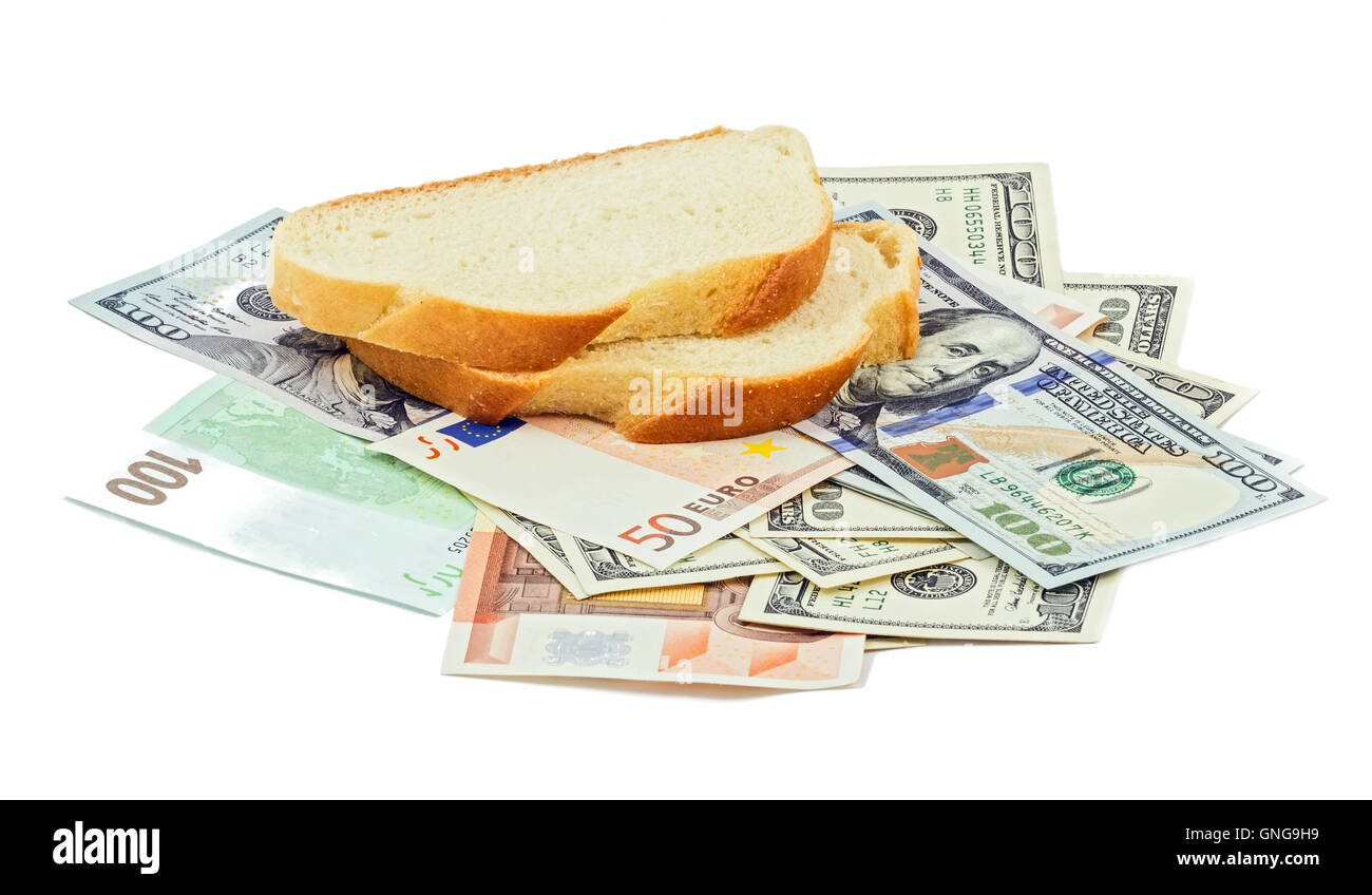 White bread, dollars and euro banknotes isolated on white Stock Photo ...