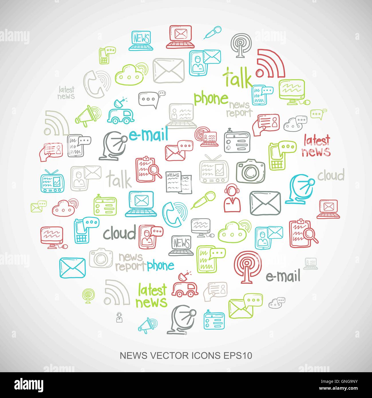 Multicolor doodles Hand Drawn News Icons set on White. EPS10 vector ...