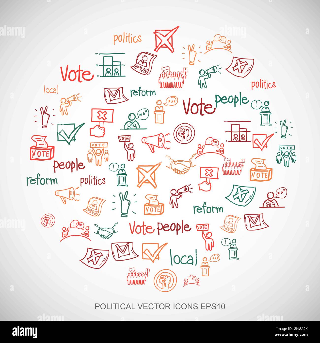 Multicolor doodles Hand Drawn Politics Icons set on White. EPS10 vector ...