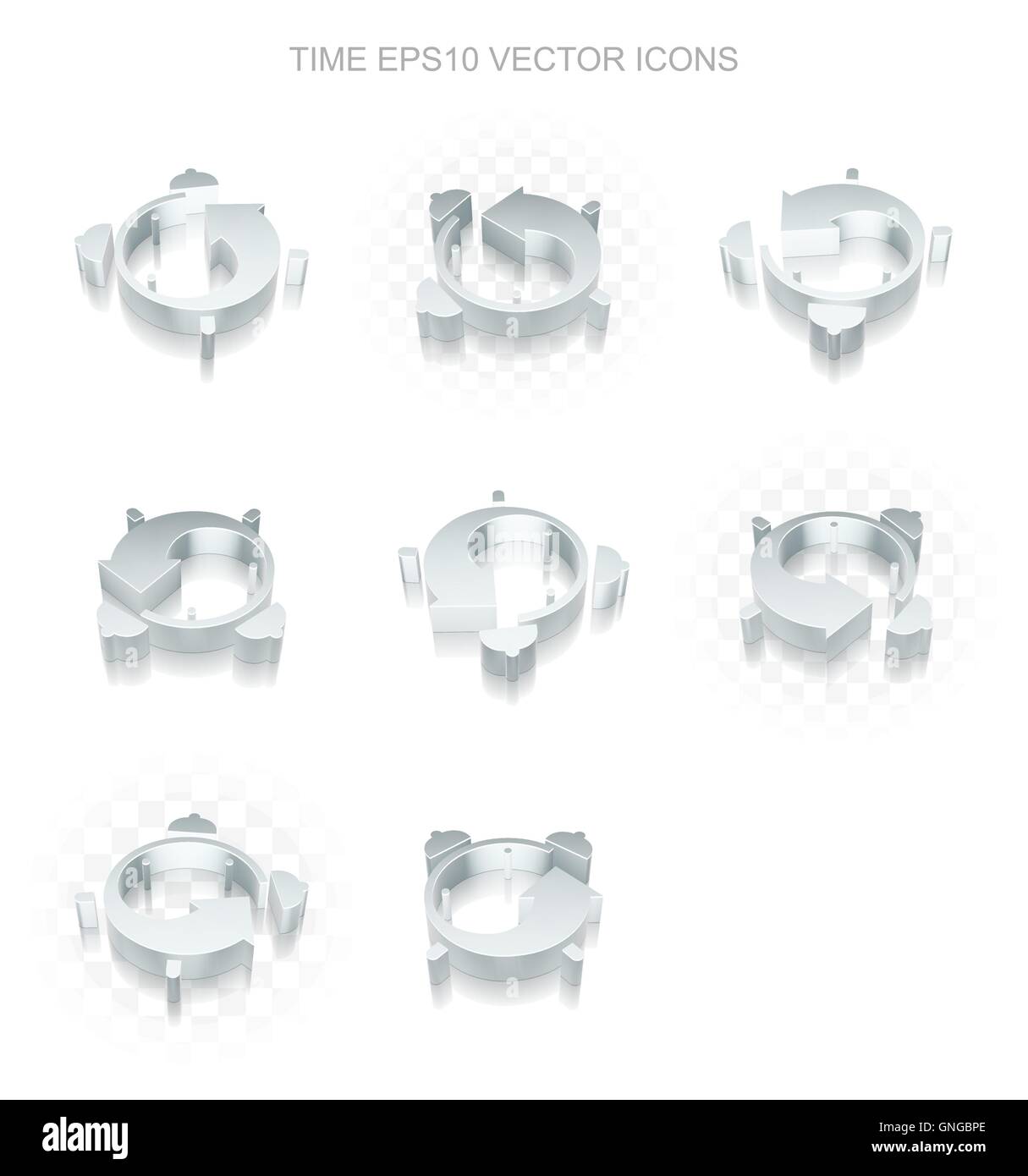 Timeline icons set: different views of metallic Alarm Clock, transparent shadow, EPS 10 vector ...