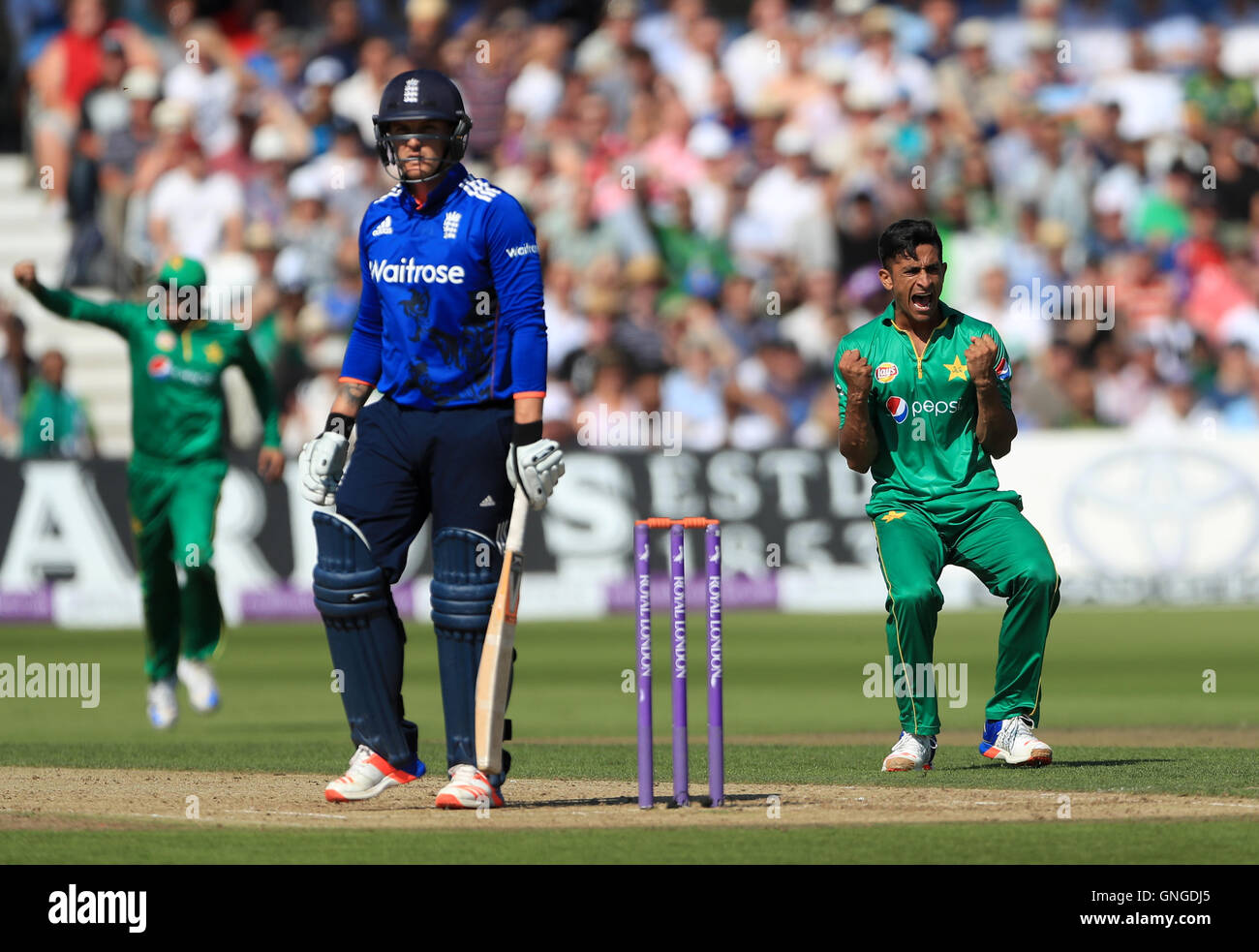 Pakistan's Hasan Ali celebrates the wicket of England's Jason Roy (left ...