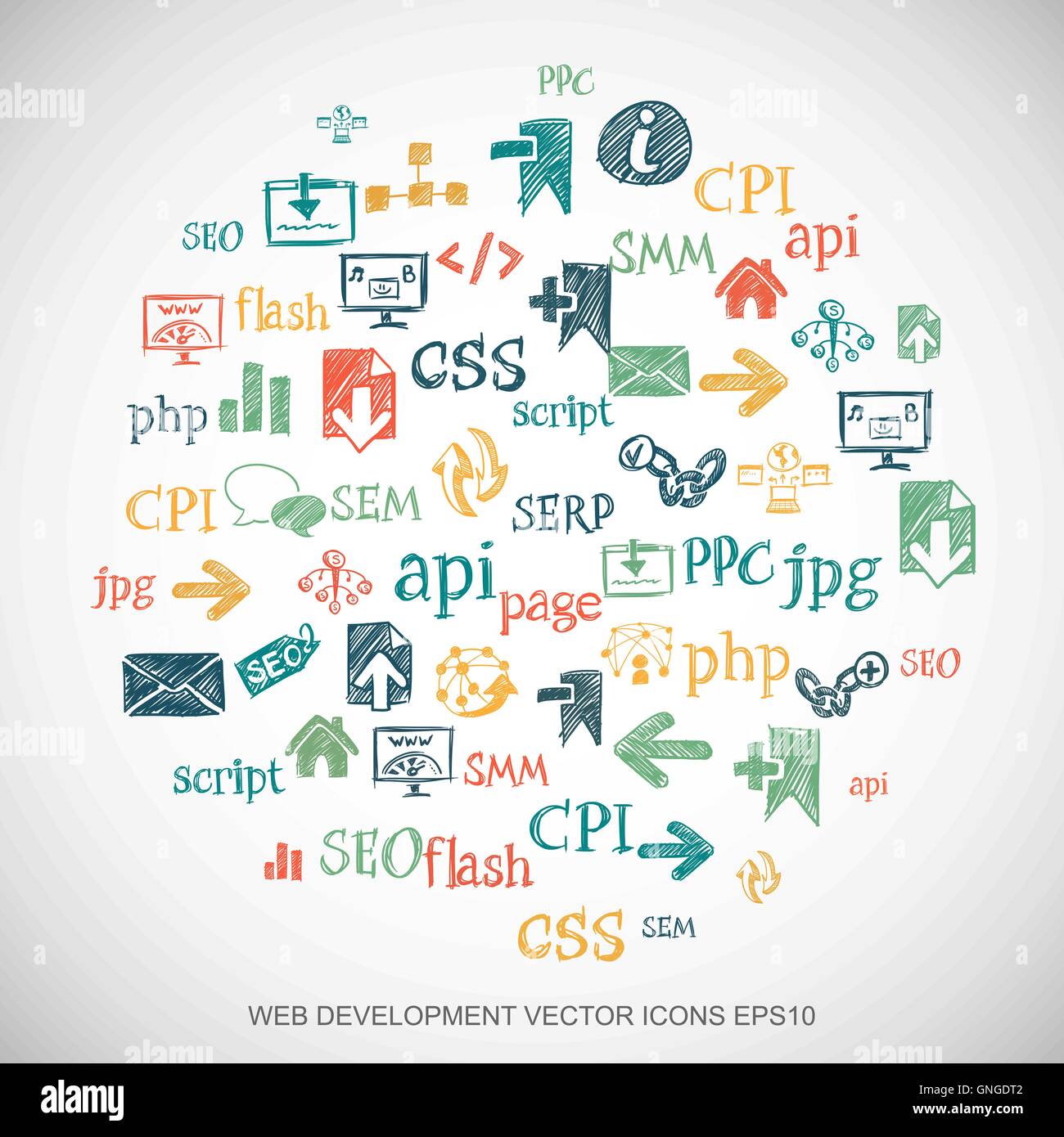 Multicolor doodles Hand Drawn Site Development Icons set on White ...