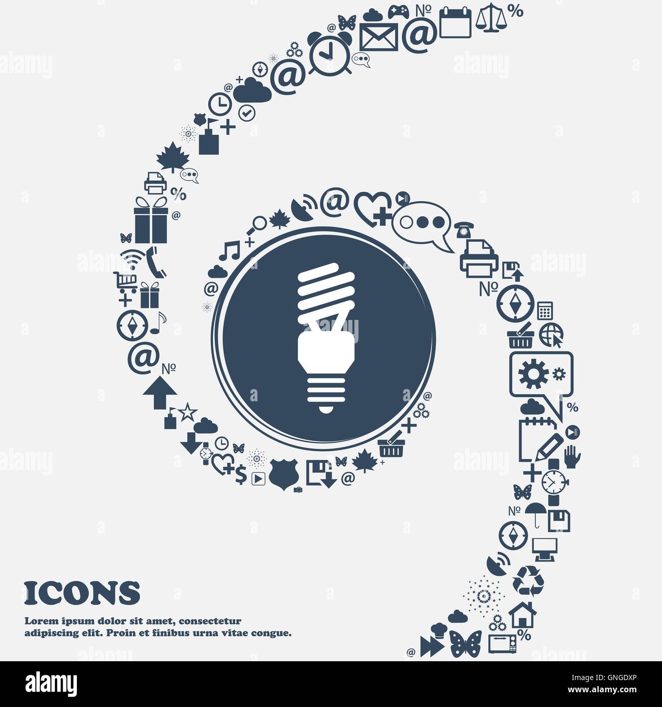 fluorescent lamp icon in the center. Around the many beautiful symbols ...