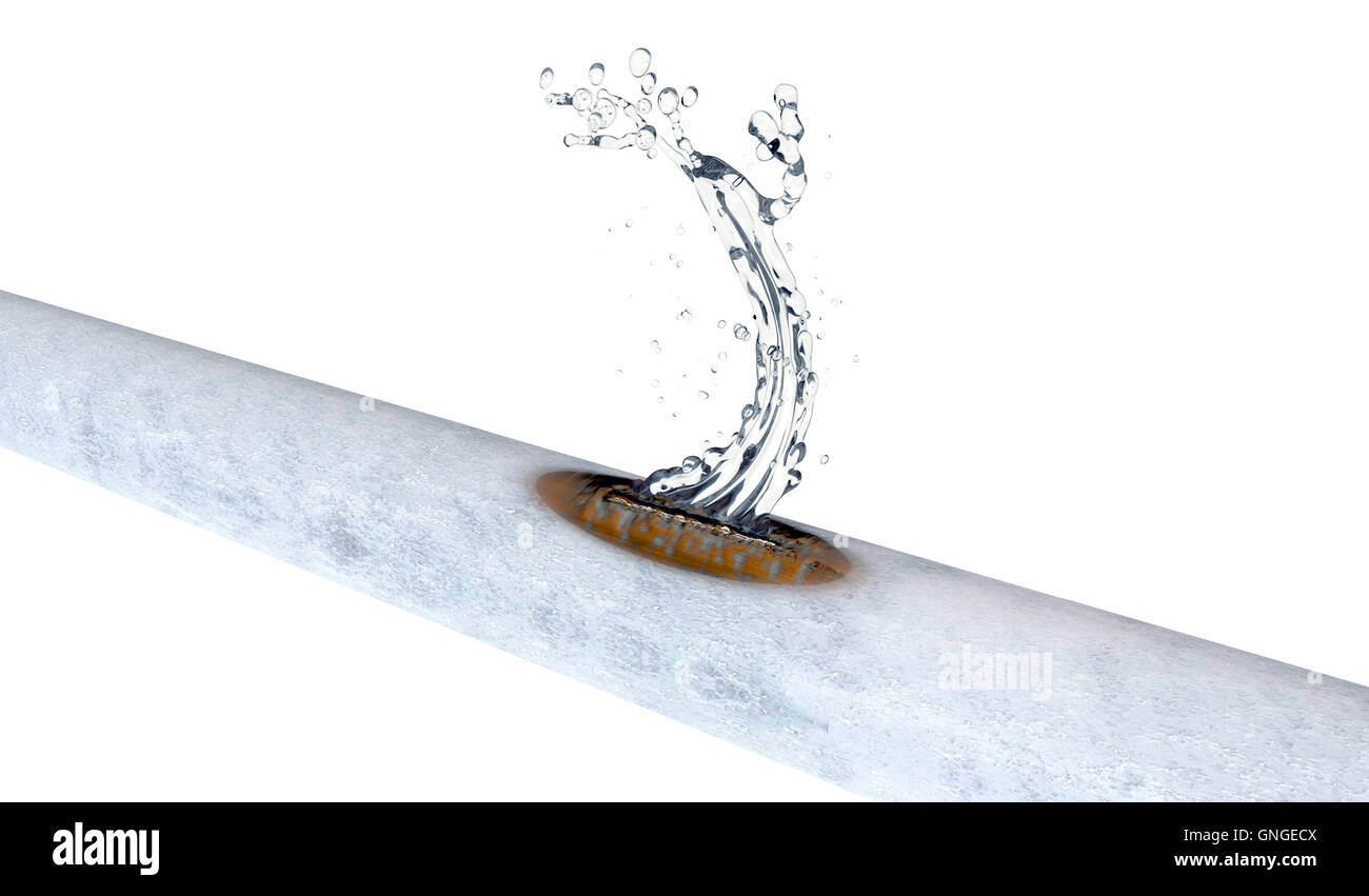 bursted frozen copper pipe with water leaking out, 3d illustration ...
