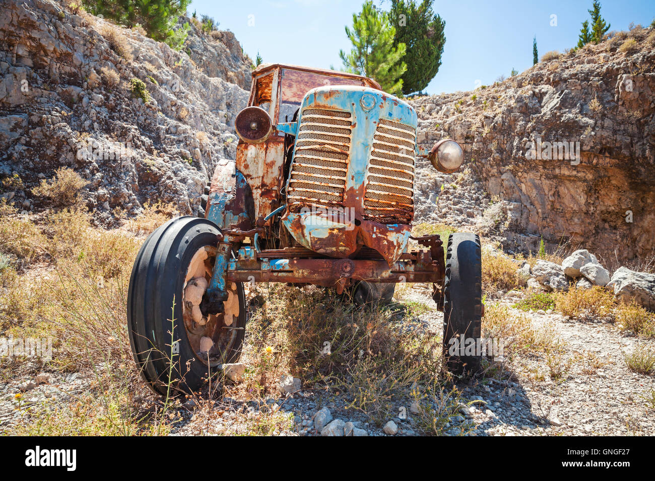 Old abandoned rusted tractor stands on dry summer grass, front view ...