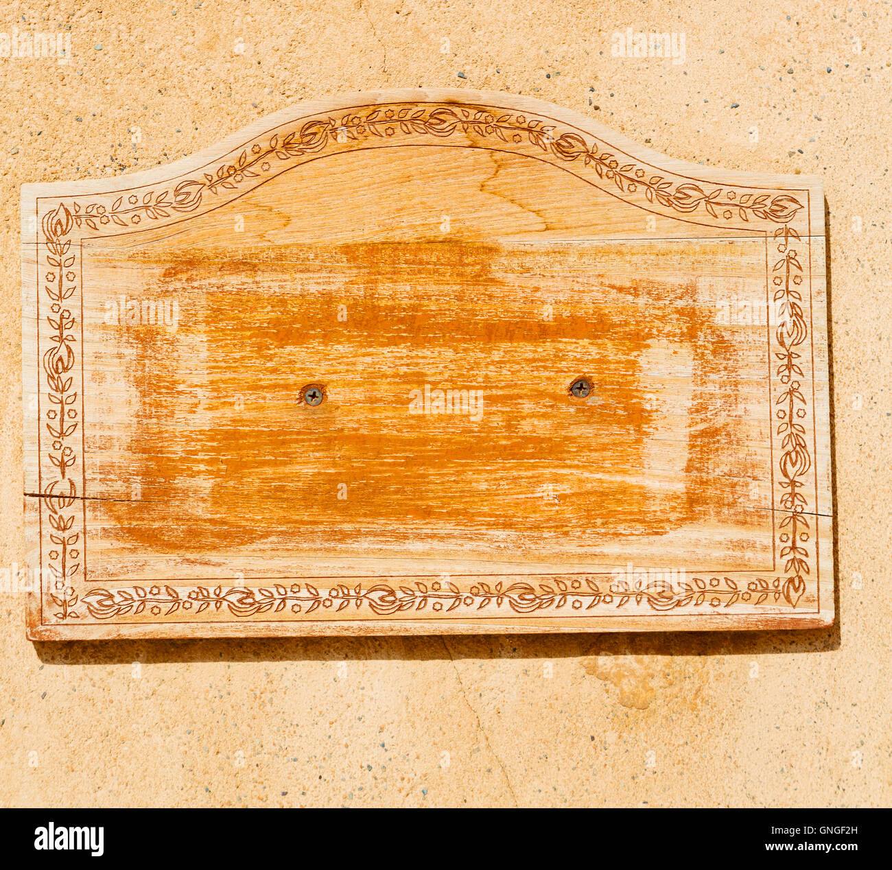 in a concrete wall the wooden vintage empty panel blank and abstract ...