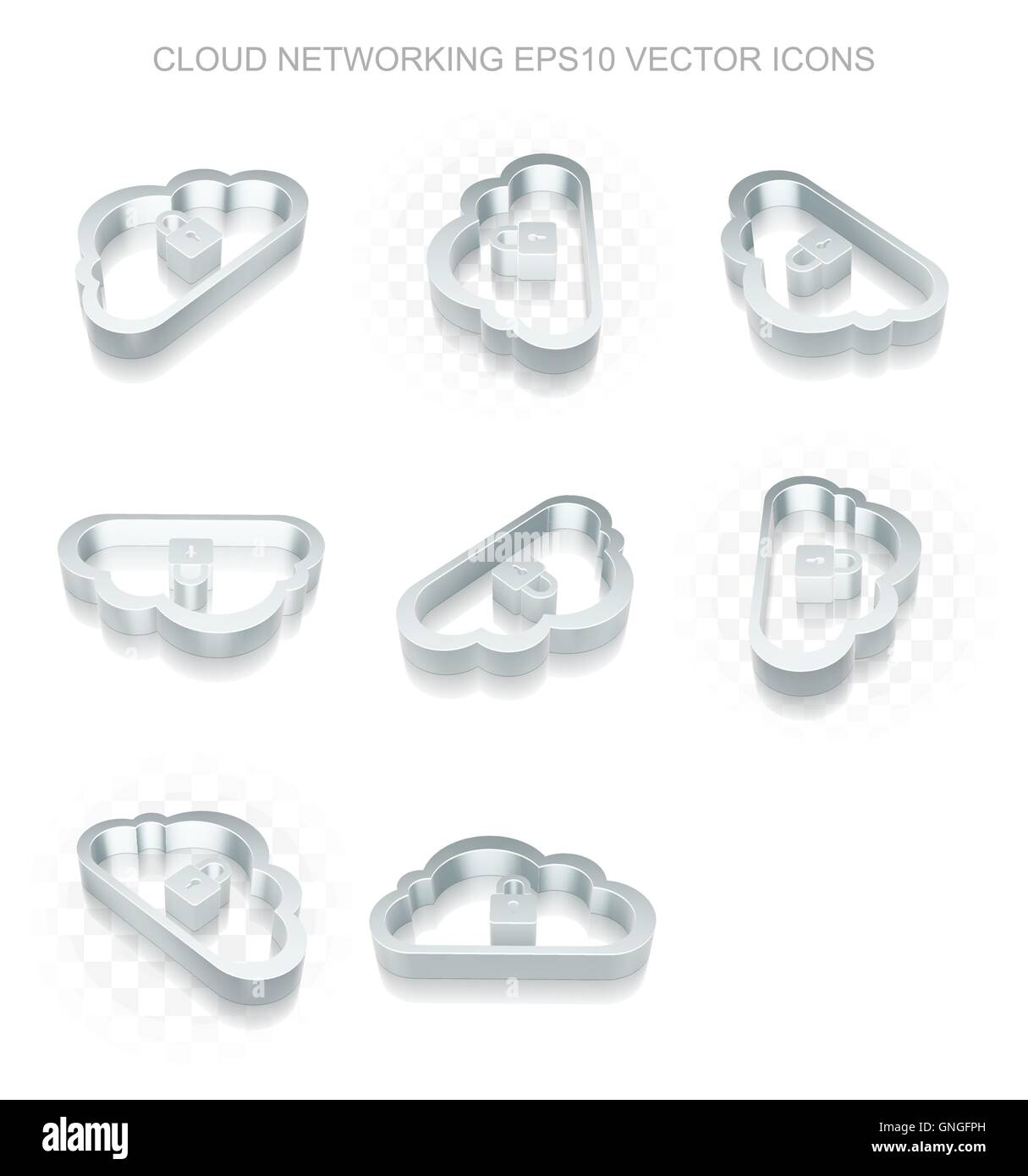 Cloud networking icons set: different views of metallic Cloud With Padlock, transparent shadow ...