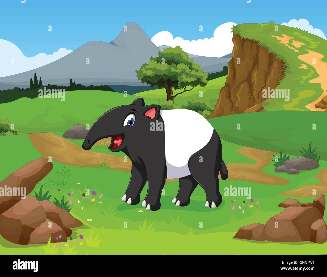 funny tapir cartoon in the jungle with landscape background Stock ...