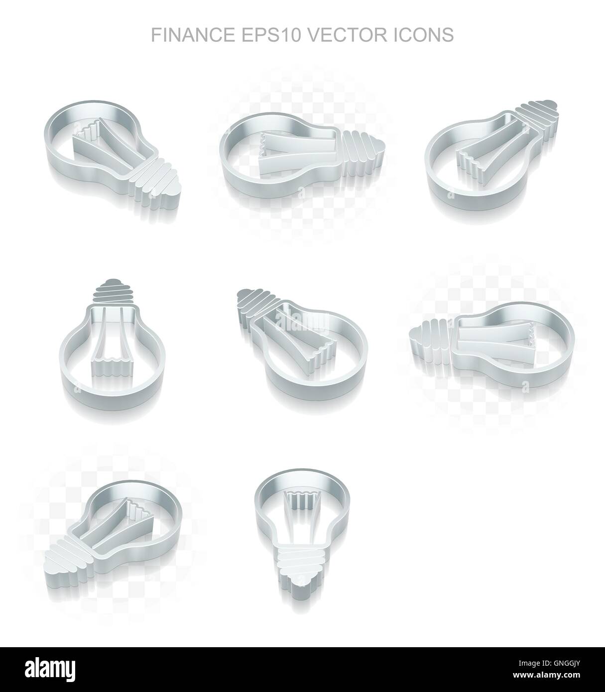 Finance icons set: different views of metallic Light Bulb, transparent ...