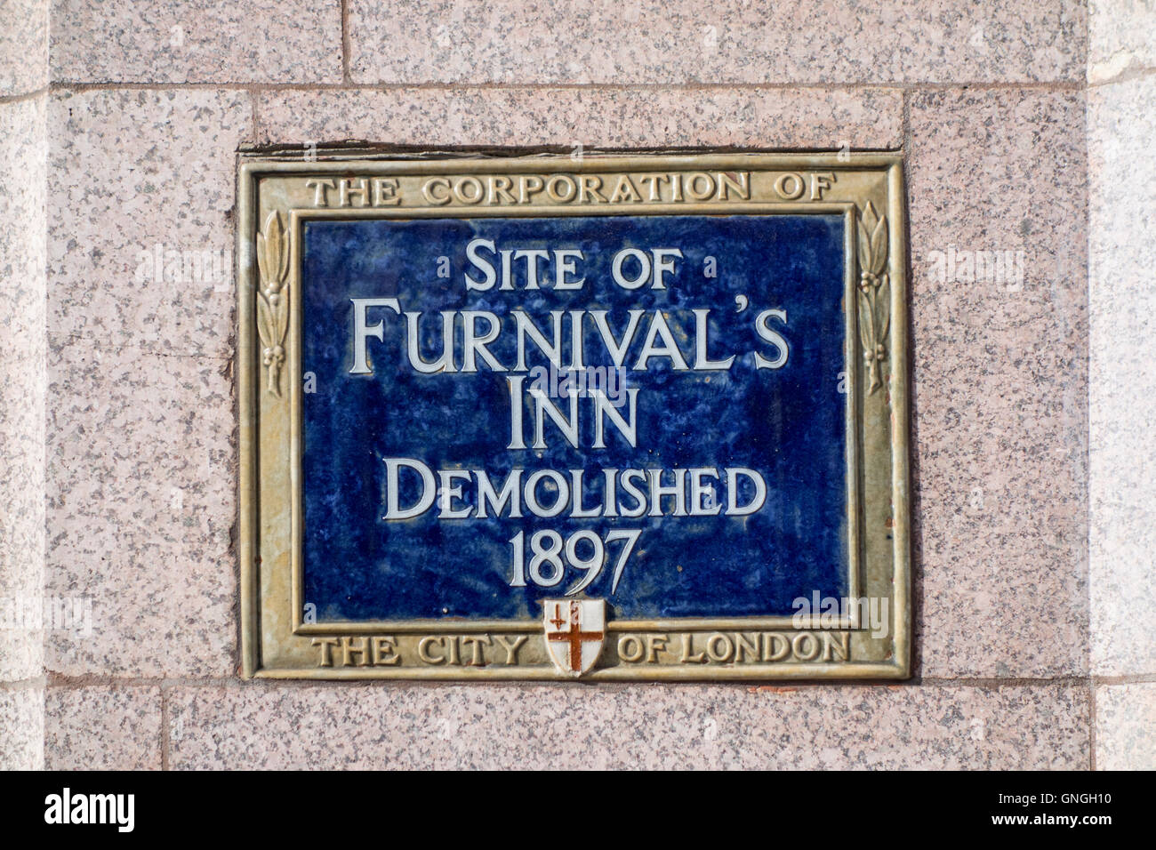 Blue plaque showing the former site of Furnival's Inn, demolished 1897 ...