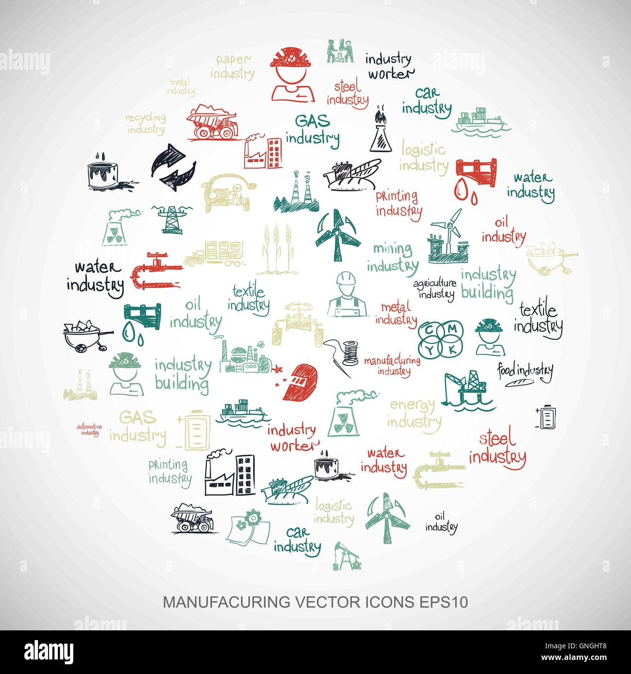 Multicolor doodles Hand Drawn Industry Icons set on White. EPS10 vector ...