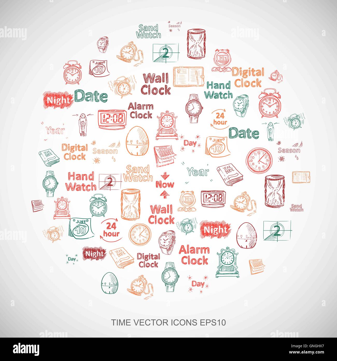 Multicolor doodles Hand Drawing Time Icons set on White. EPS10 vector ...