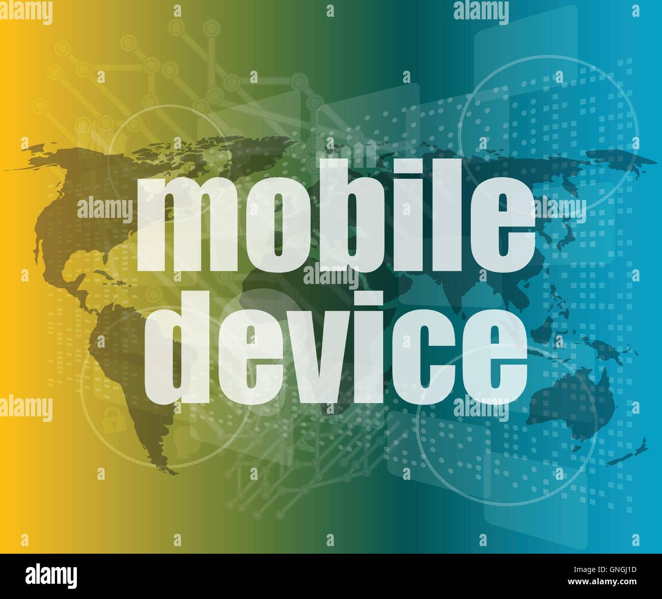 word mobile devices on digital screen 3d vector quotation marks with ...