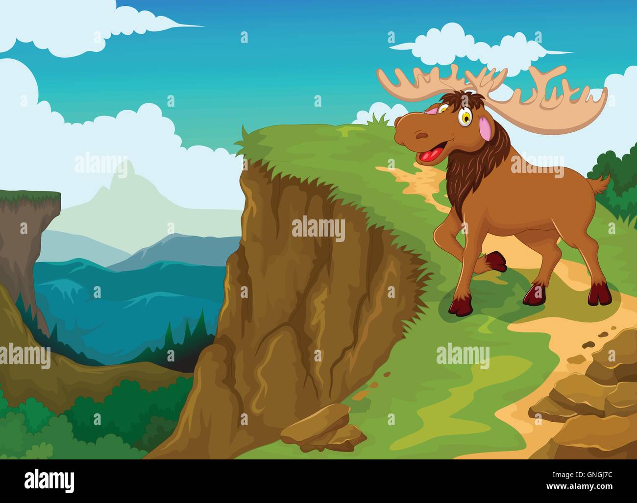 funny moose cartoon with mountain cliff landscape background Stock ...
