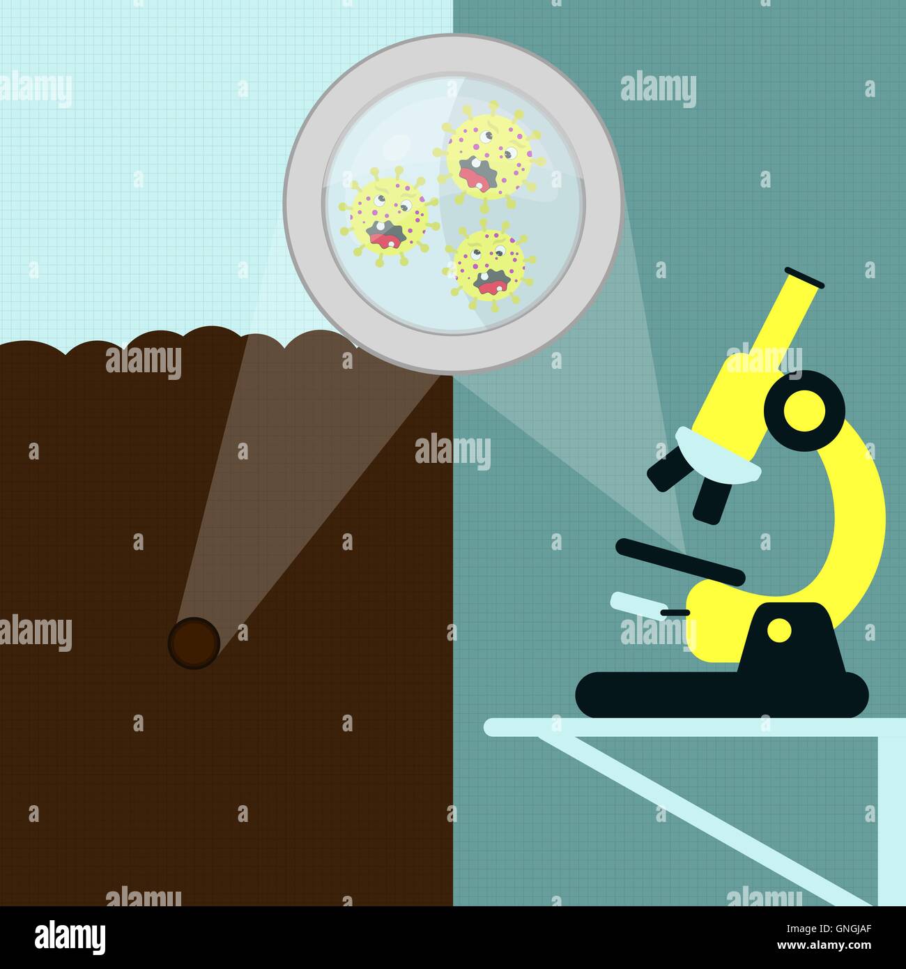 Magnifying glass enlarging the cartoon virus on the earth. Soil sample ...