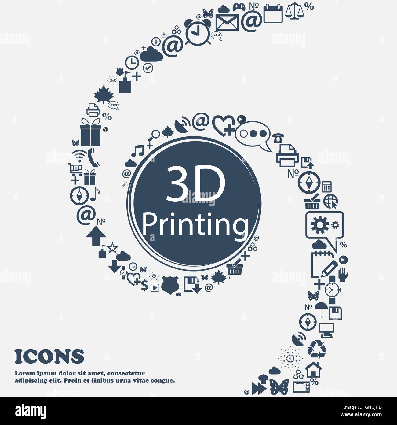 3D Print sign icon. 3d-Printing symbol in the center. Around the many ...