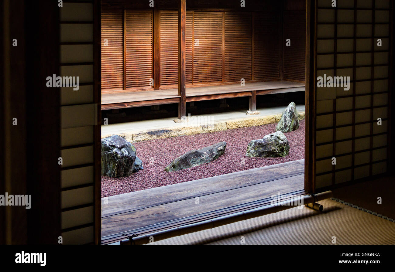 Japanese rock garden with red gravel through a sliding door Stock Photo ...