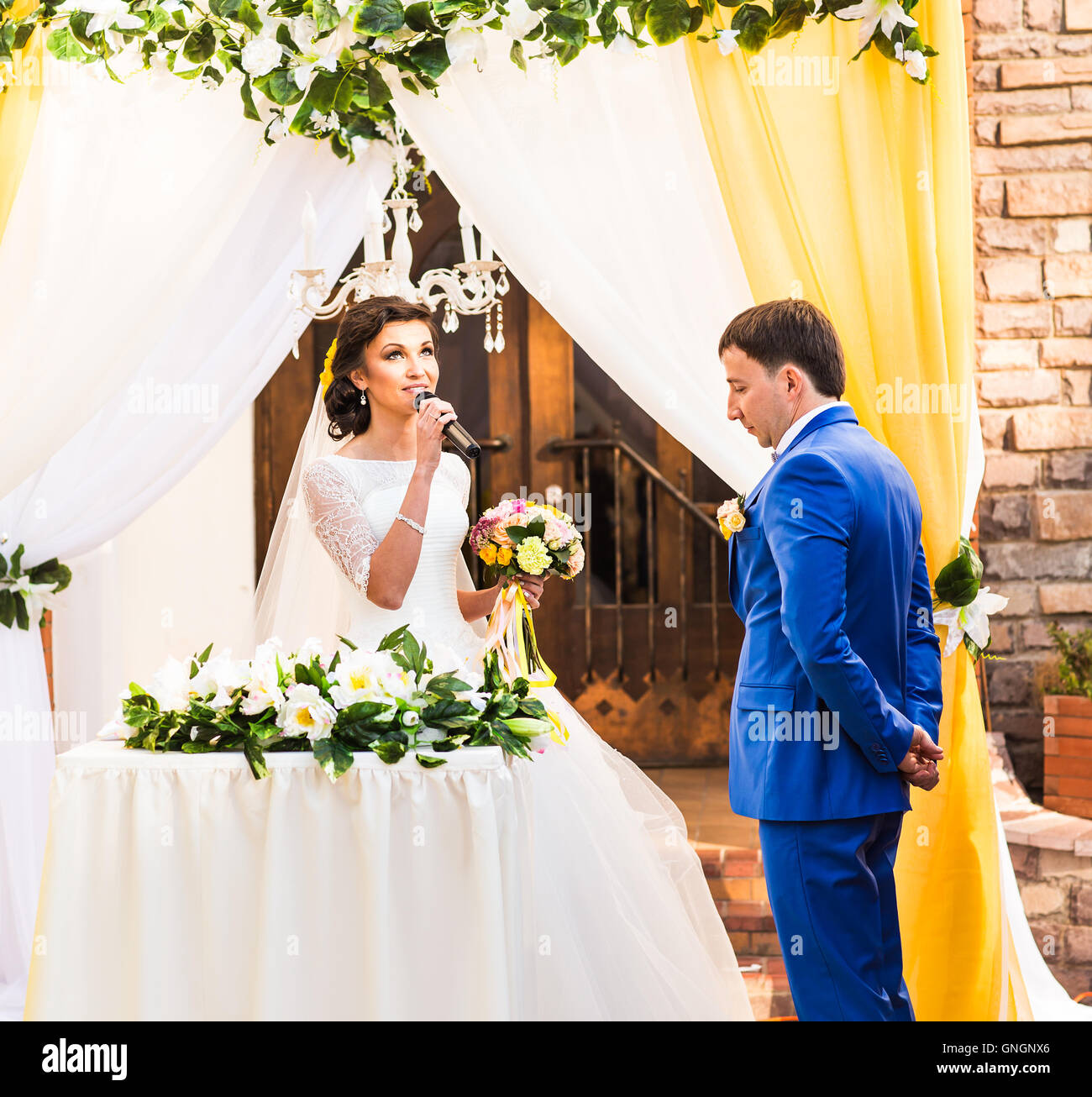 beautiful caucasian couple just married. Wedding ceremony Stock Photo ...