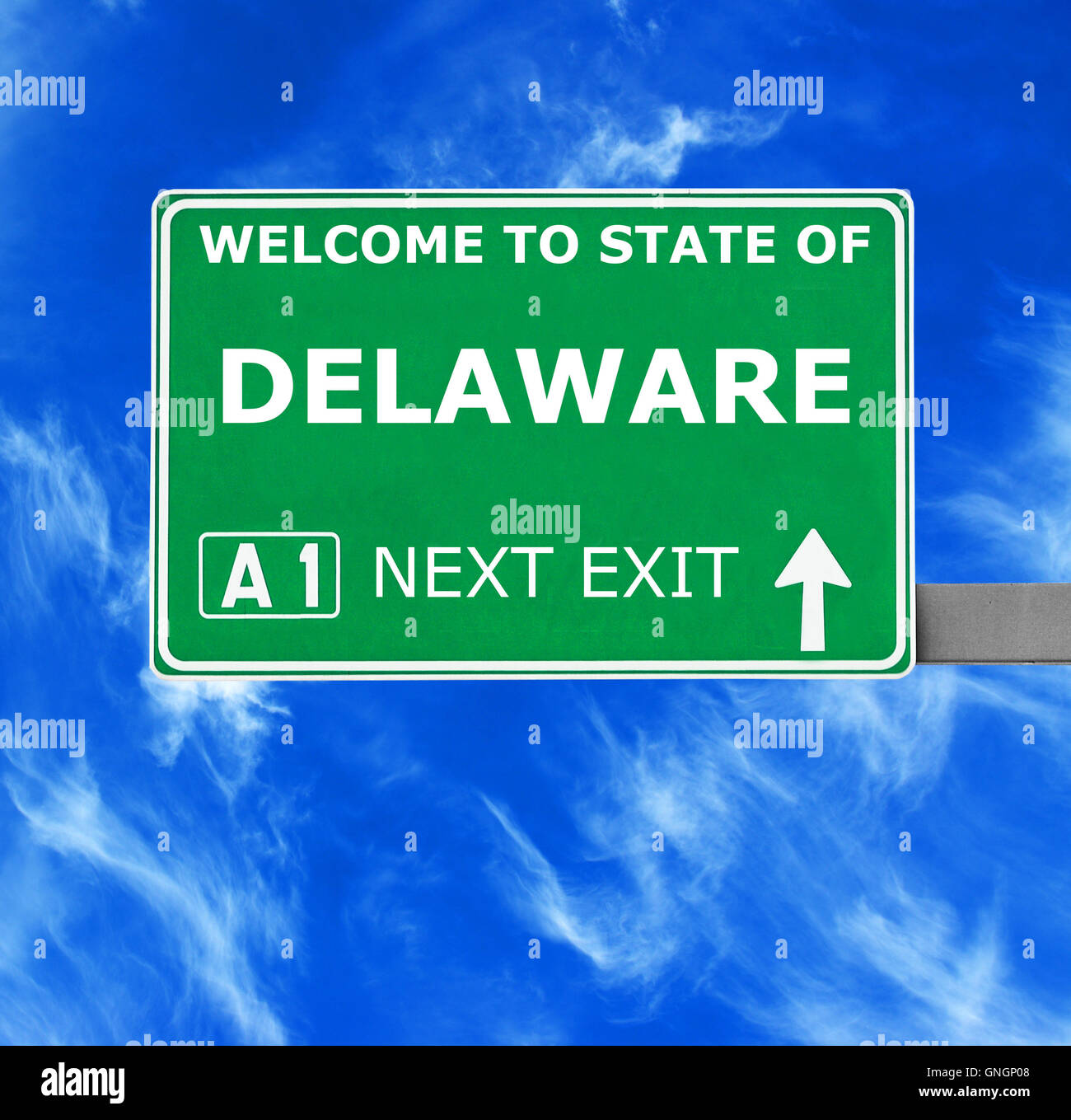 DELAWARE road sign against clear blue sky Stock Photo - Alamy