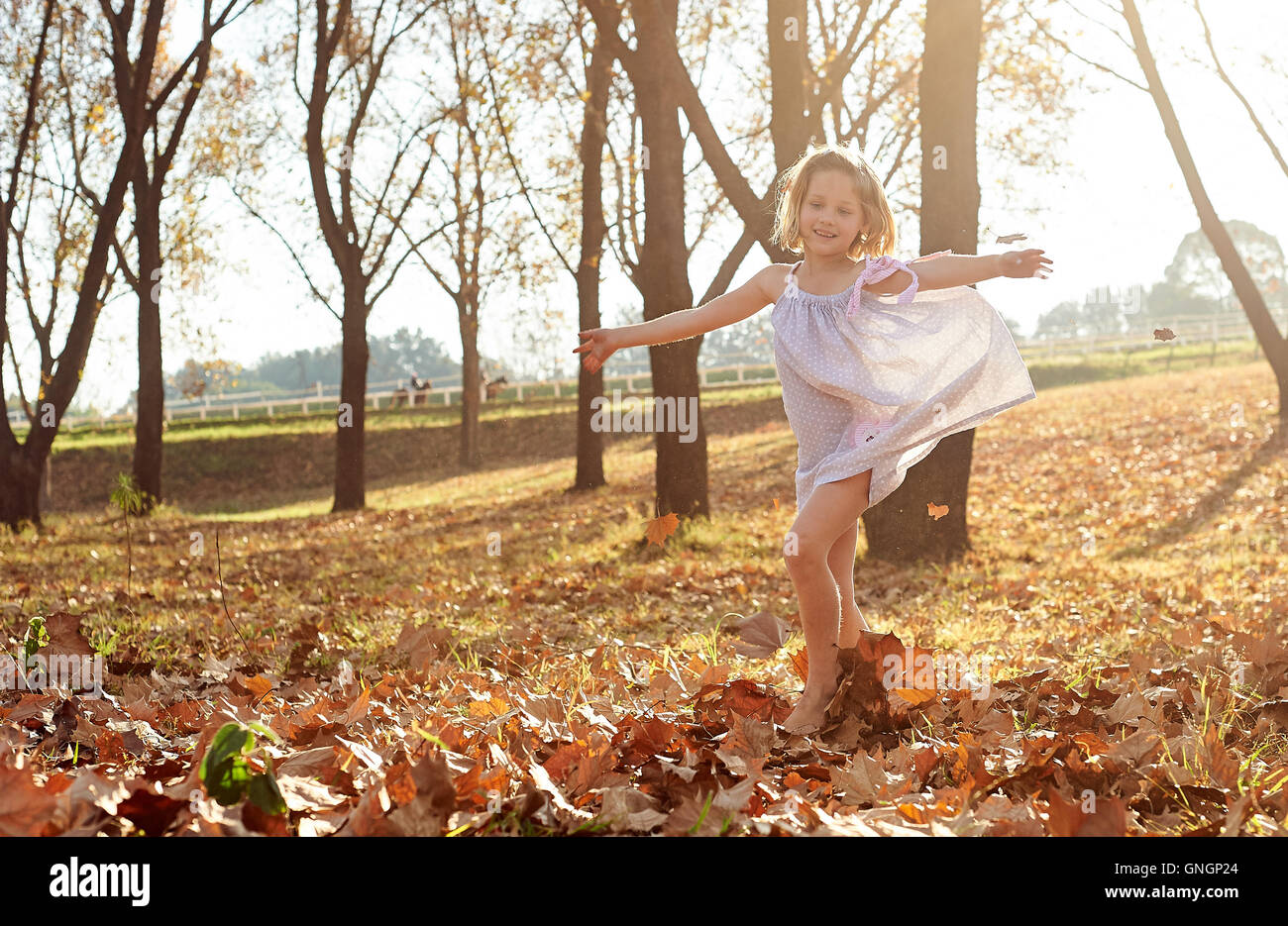 Young girls children kids playing running in fallen autumn leaves Stock ...