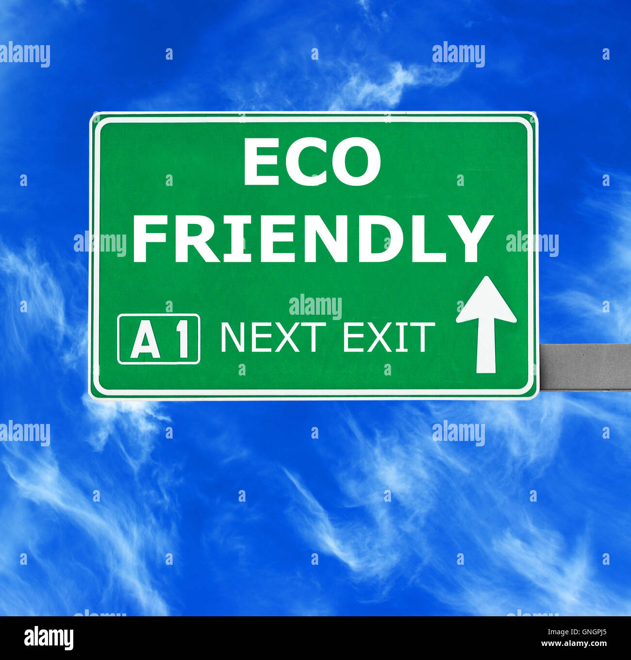 ECO FRIENDLY road sign against clear blue sky Stock Photo - Alamy