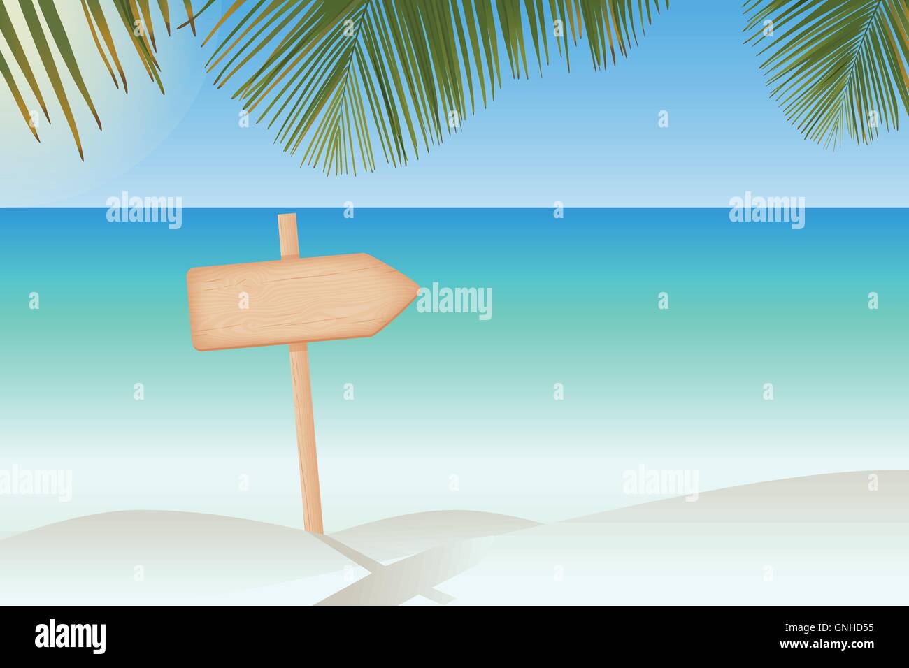 Natural textured wooden arrow signboard on a pole at the tropical beach ...